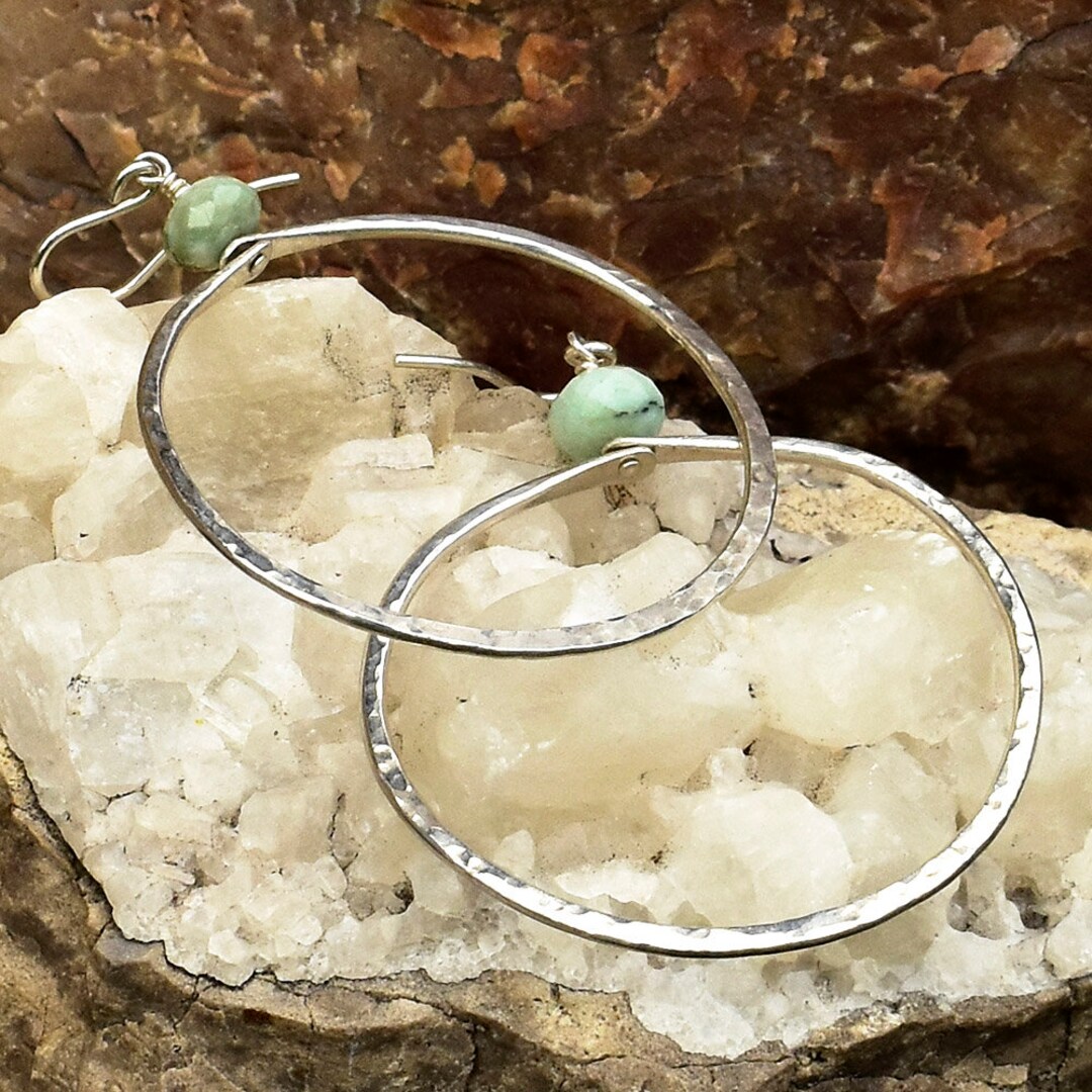 Large Hammered Sterling Silver Hoop Earrings - Amazonite - Hammered Hoops - Amazonite Earrings ...