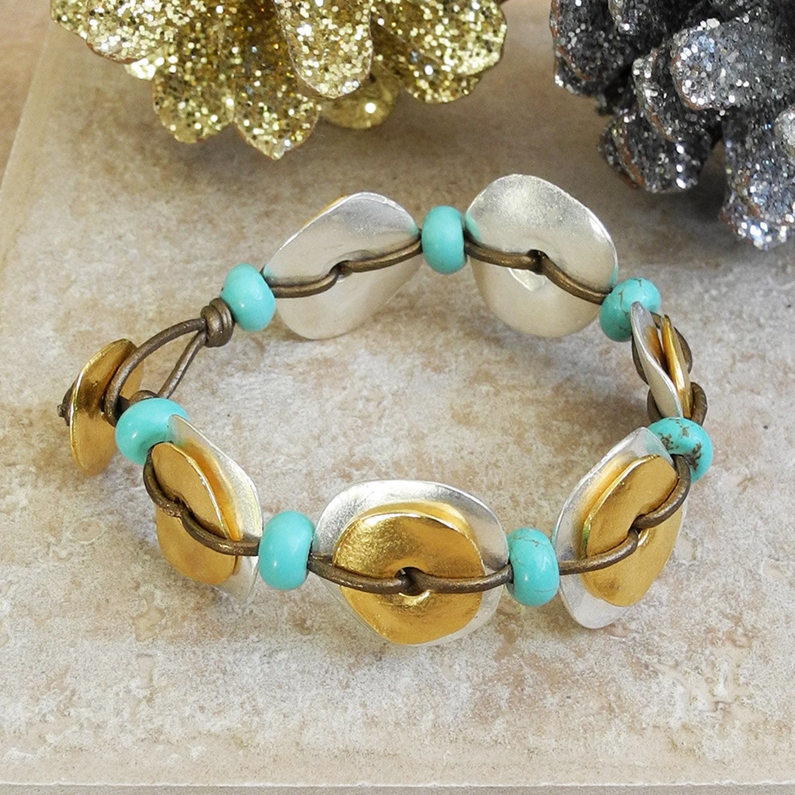 Double Stacked Silver and Gold Bracelet With Turquoise - Leather Cord ...