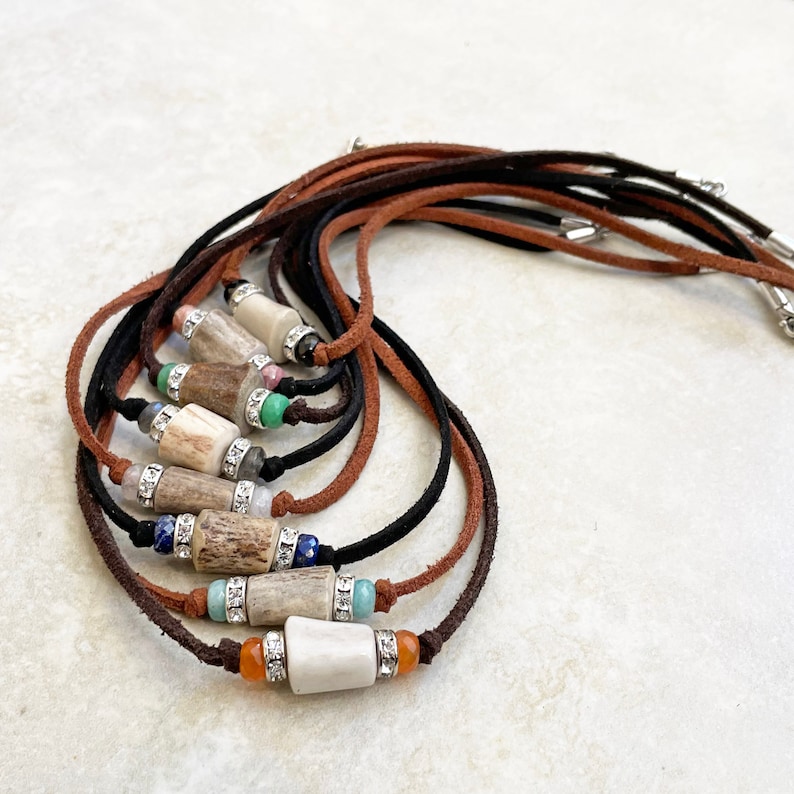 Leather Cord Necklace With Antler - Faceted Gemstones - Rhinestones ...