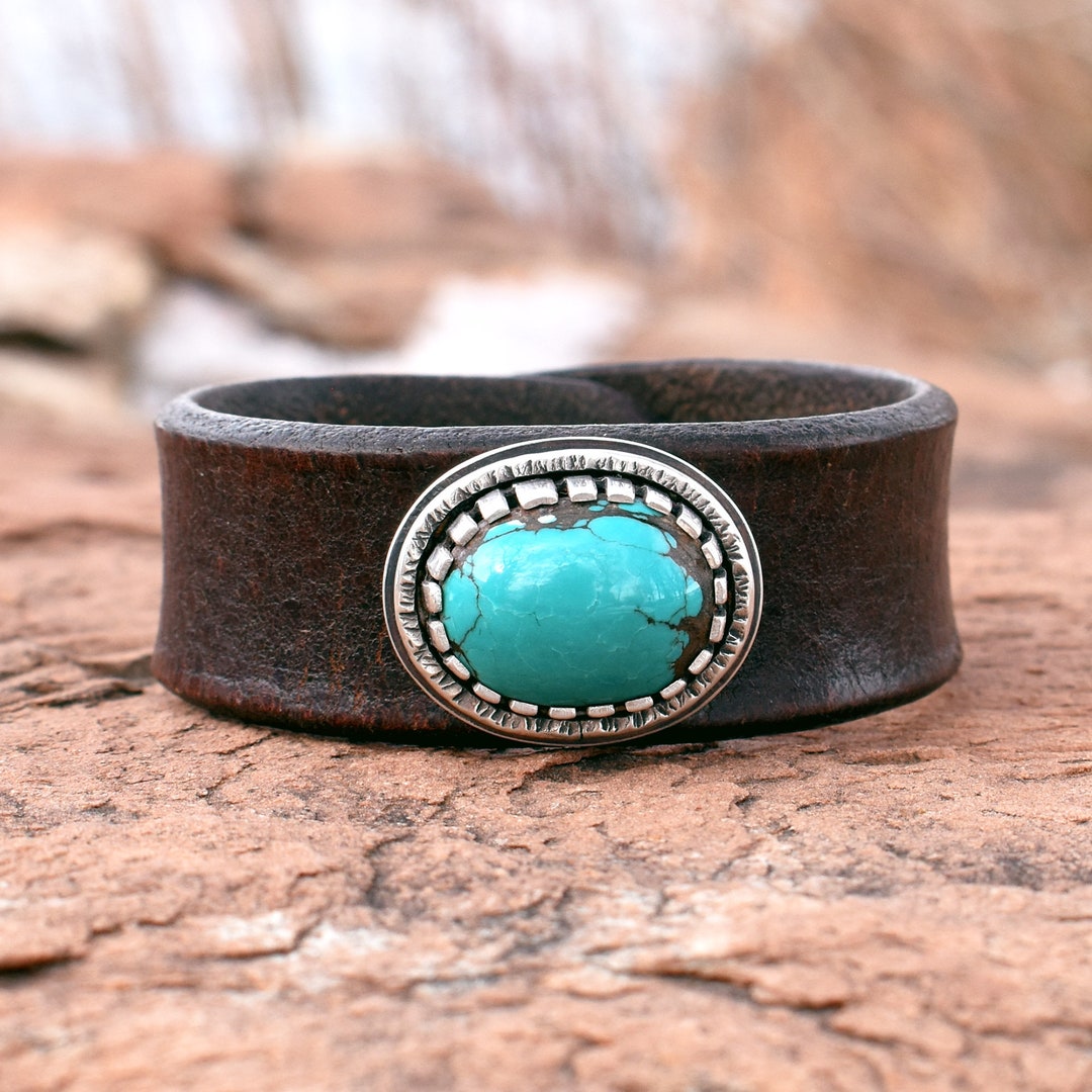 Leather Cuff With Sterling Silver and Hubei Turquoise - Turquoise ...