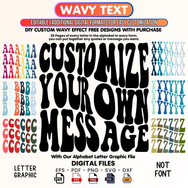 Wavy Alphabet Graphic File, Custom Retro Wavy Text, Custom Wavy Font ...