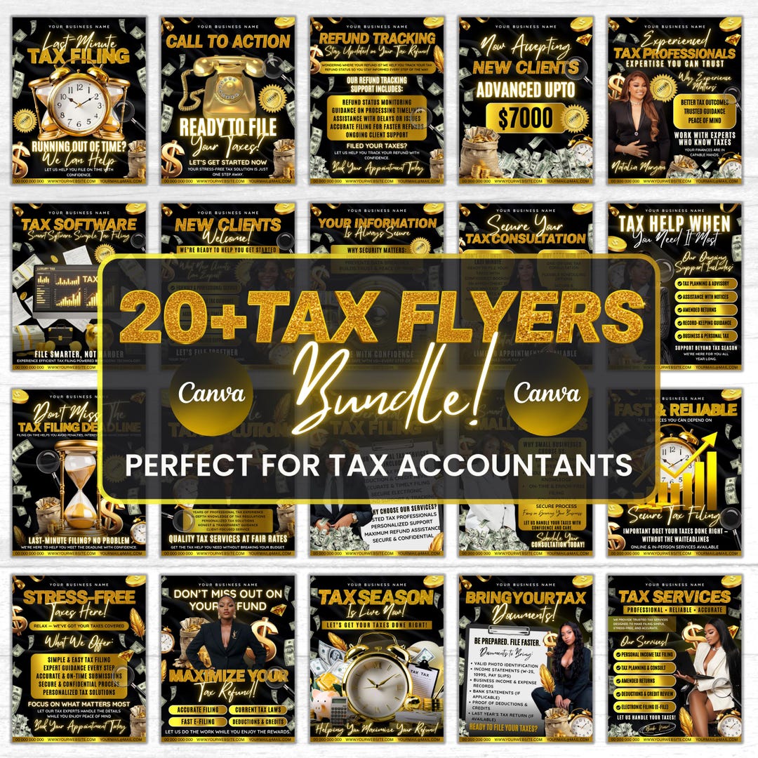 Tax Prep Bundle, Editable Tax Season Flyer, Black and Gold Tax Service ...