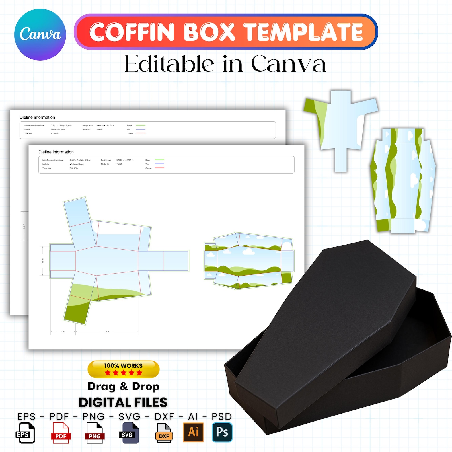 Coffin Box Template, Coffin Treat Box, Halloween Favor, Hexagonal ...
