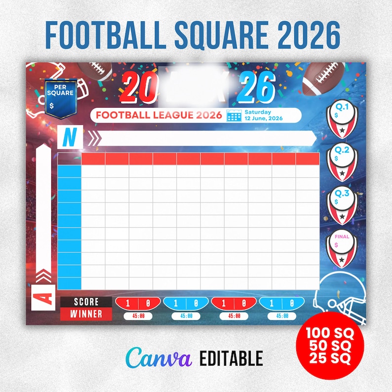 Football Squares Templates for Super Big Game, 2026 Football 100 ...