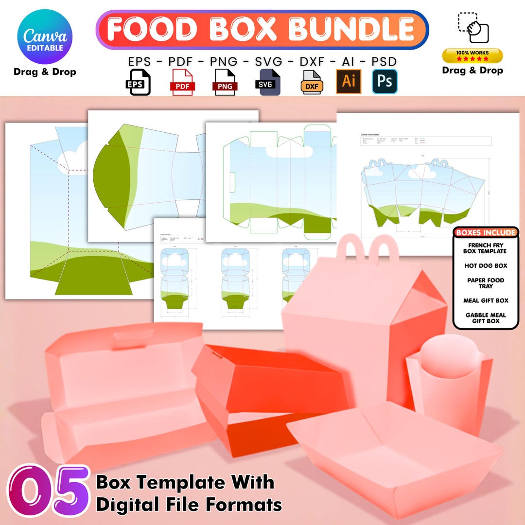 Food Box Templates Bundle, French Fries Box, Hot Dog Box, Food Tray ...