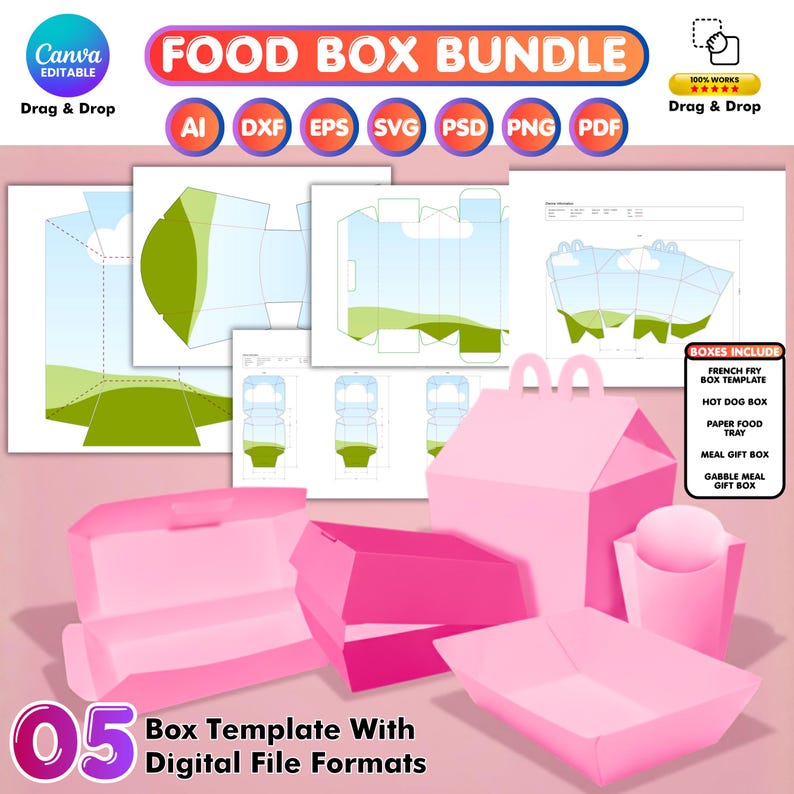 Food Box Templates Bundle, French Fries Box, Hot Dog Box, Food Tray ...