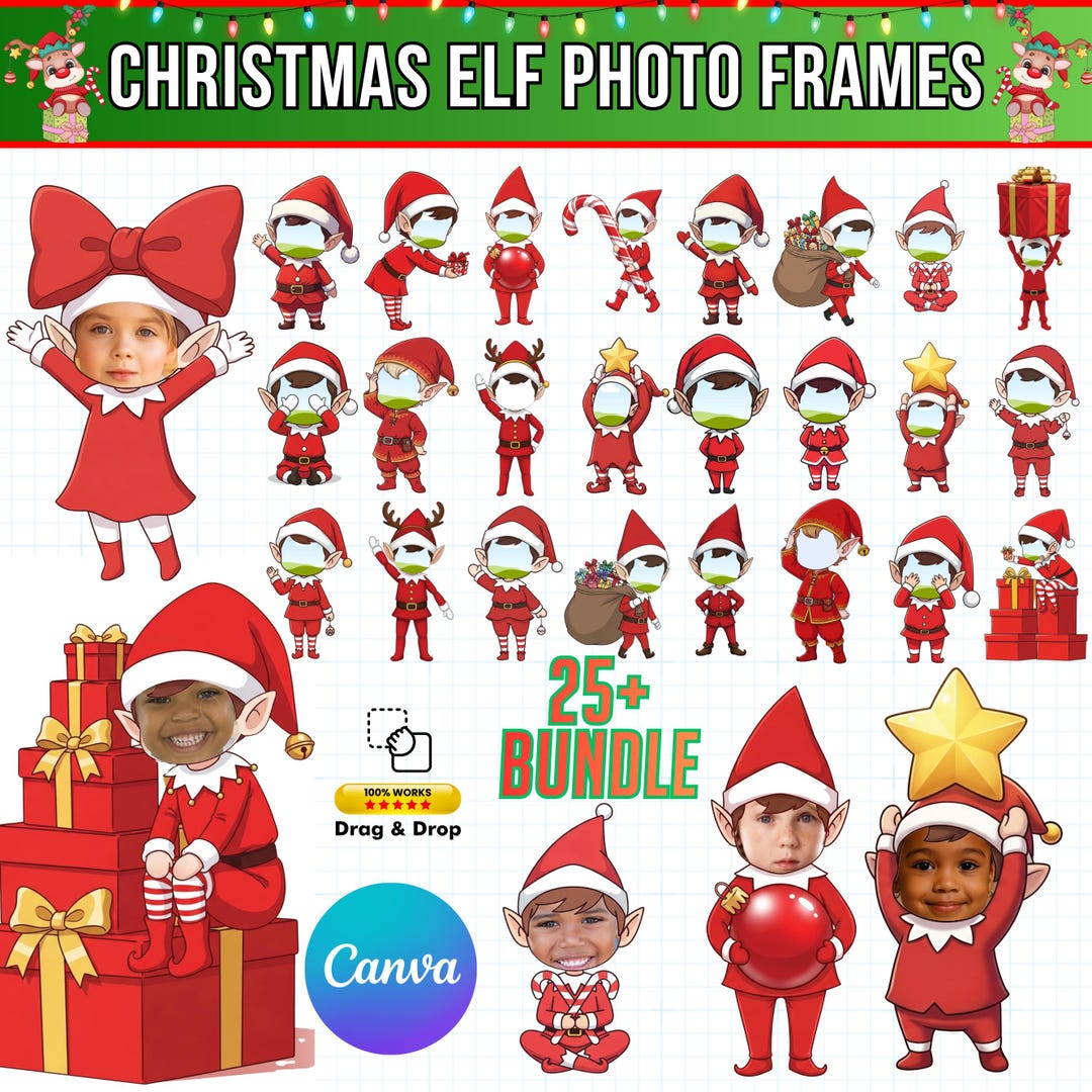 Christmas Elf Photo Frames, Add Your Own Face, 25+ Canva Holiday Elf ...