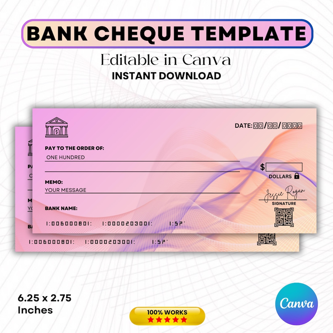 Printable Bank Cheque Template, Editable Bank Check Template ...