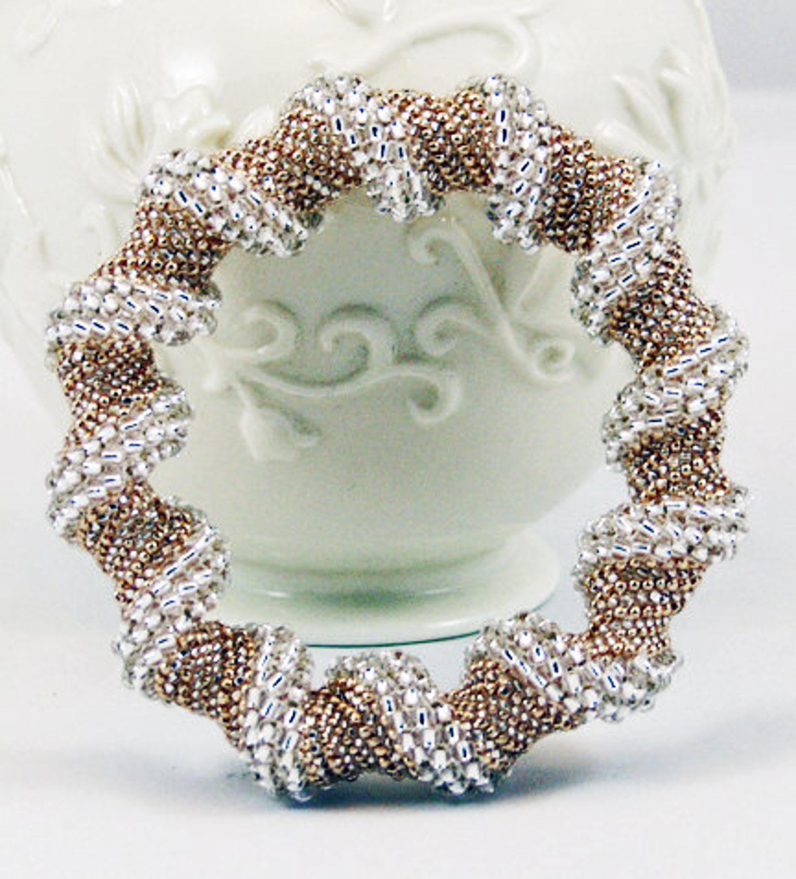 Beaded Bangle, Bridal Jewelry, Gold Hand Beaded Spiral Bangle, Woven ...