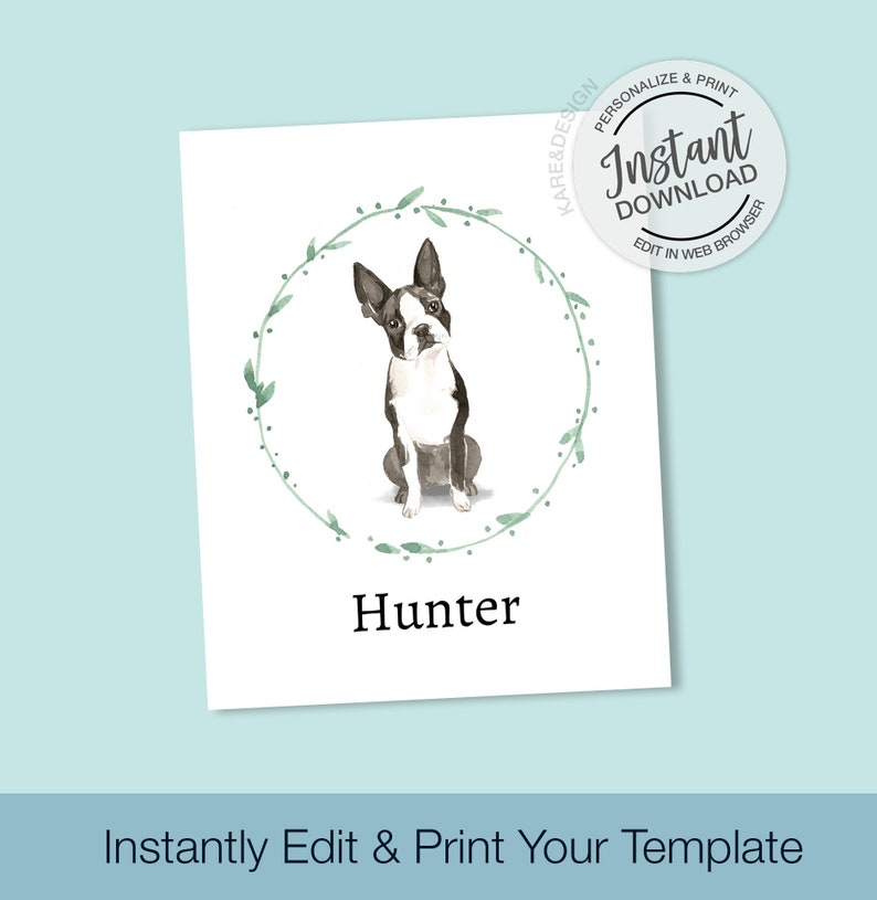 Boston Terrier Portrait Editable Name Template Watercolor - Etsy