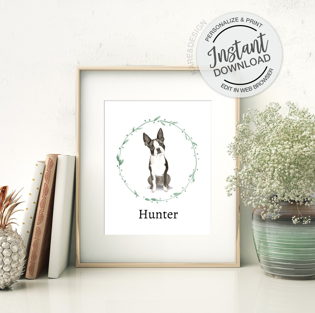 Boston Terrier Portrait, Editable Name Template, Watercolor Pet ...