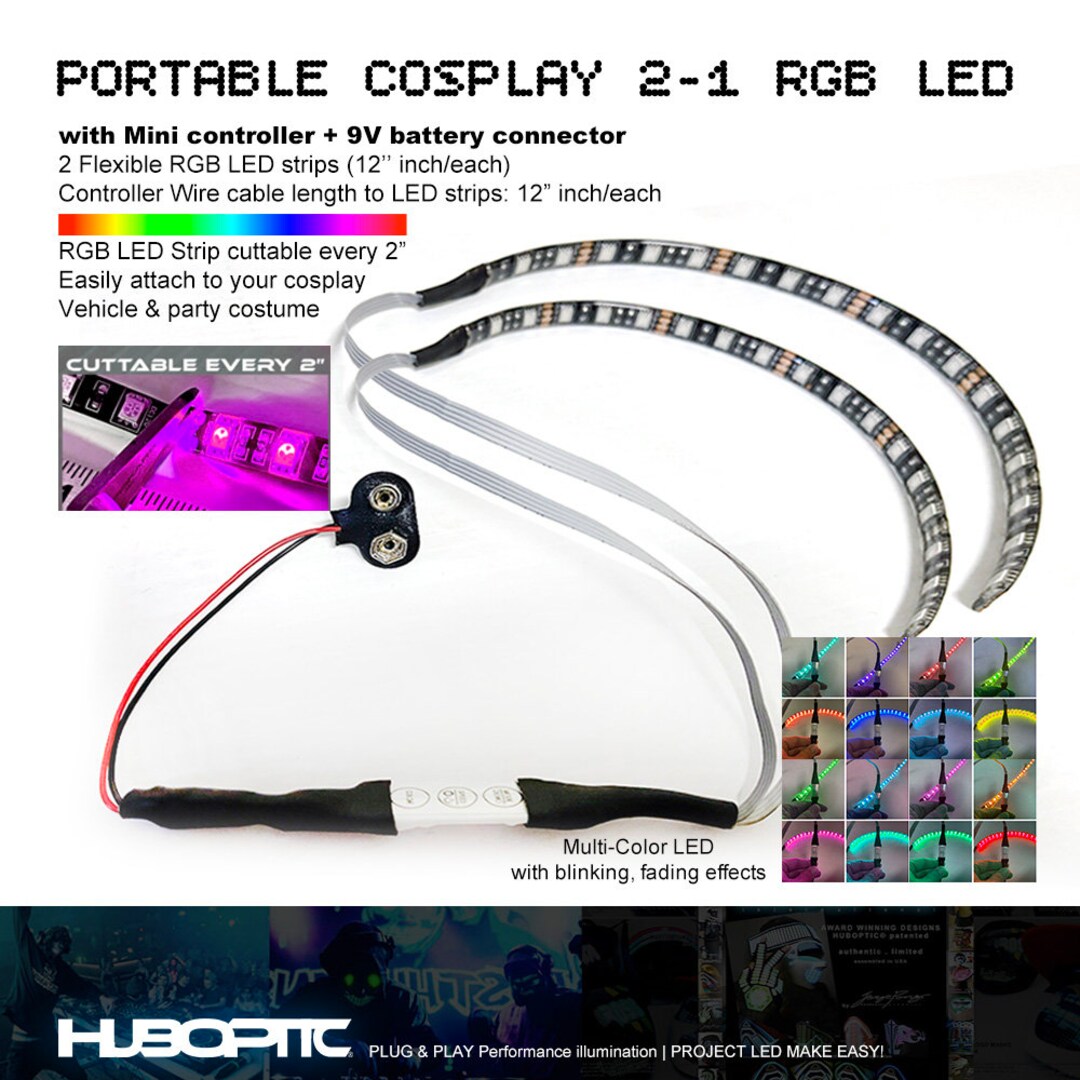 2 Cosplay Lights Multicolor RGB 12" Inch LED Strips Mini Controller ...