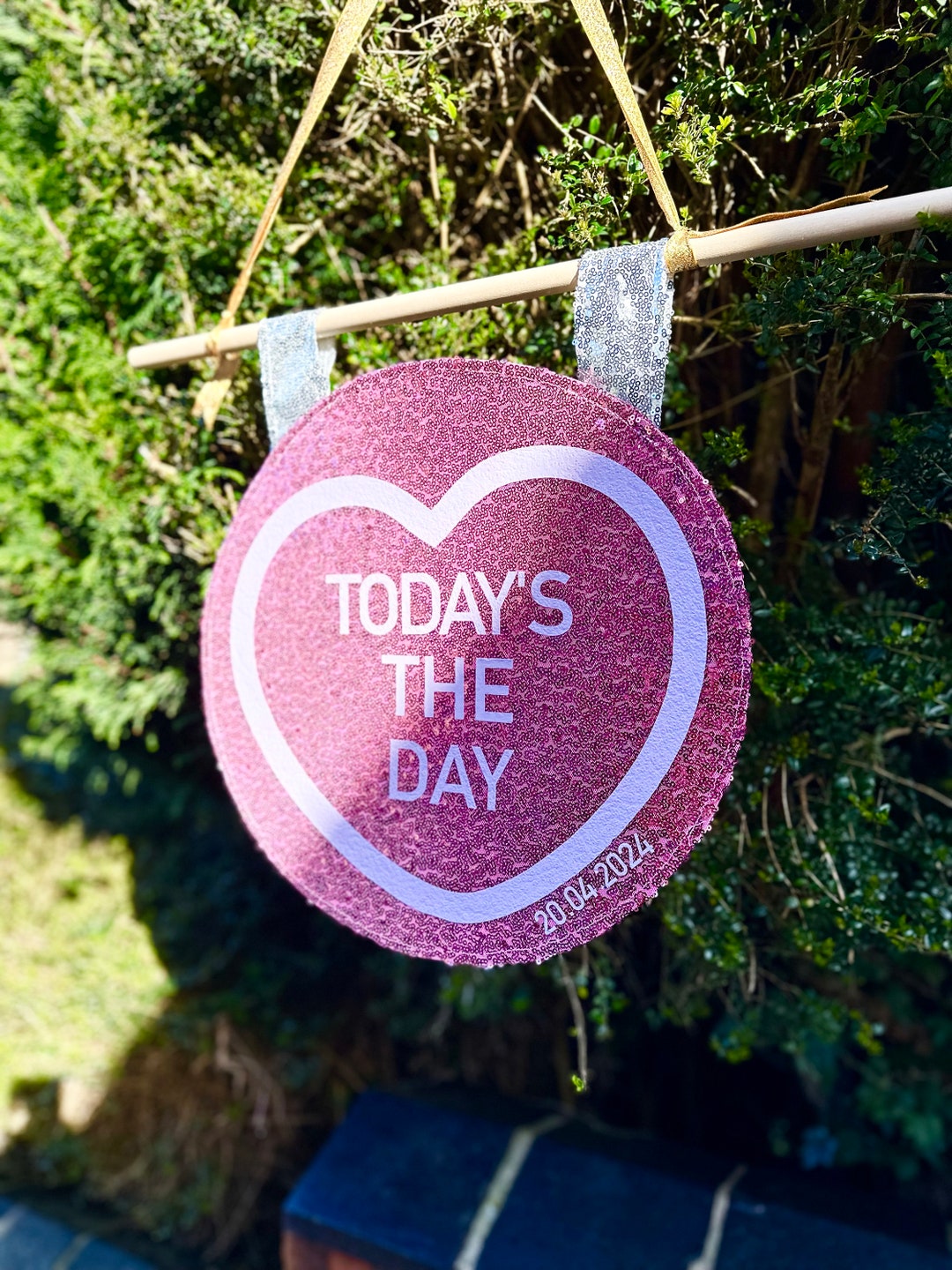 Today's the Day Love Heart Wedding Sign Sequin Personalised Wall ...