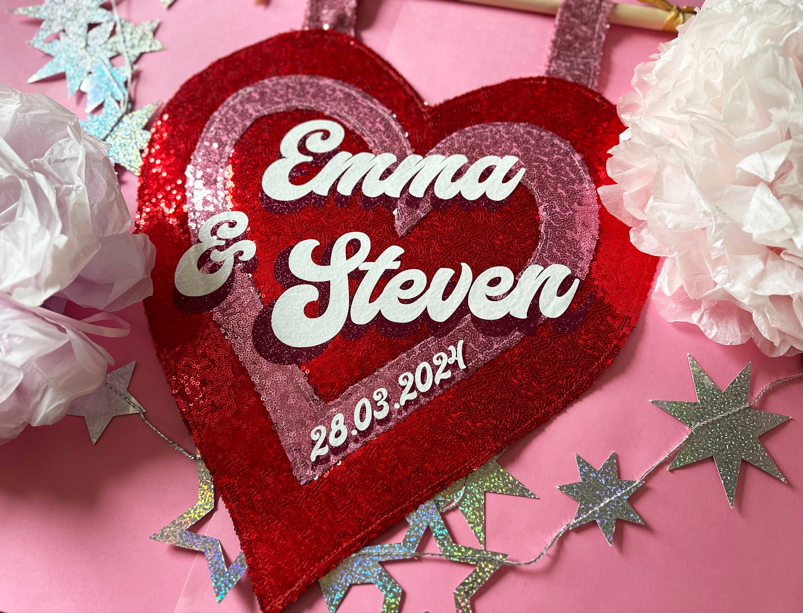 Custom Sequin Heart Wedding Sign: Glitter Vinyl Names & Date - Etsy