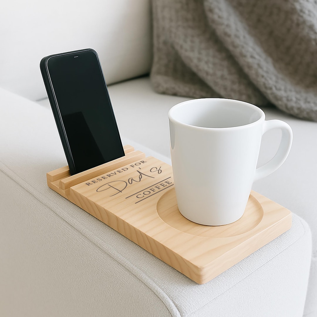Wooden Sofa Tray & Phone Stand – Personalised Wood Couch Caddy With Mug ...