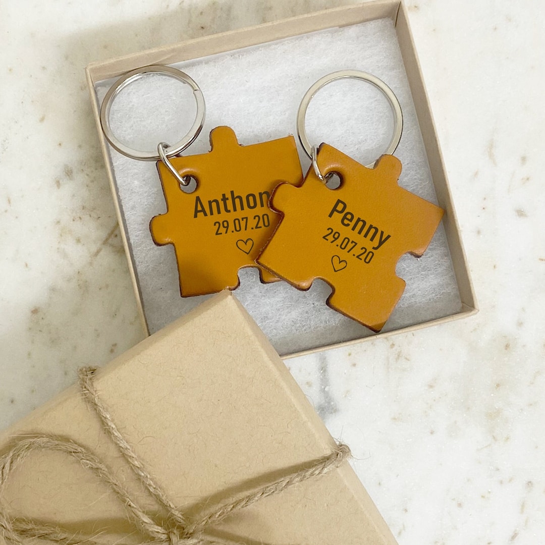Leather Anniversary Keyring Set, Personalised Keyring Pair for Couple ...