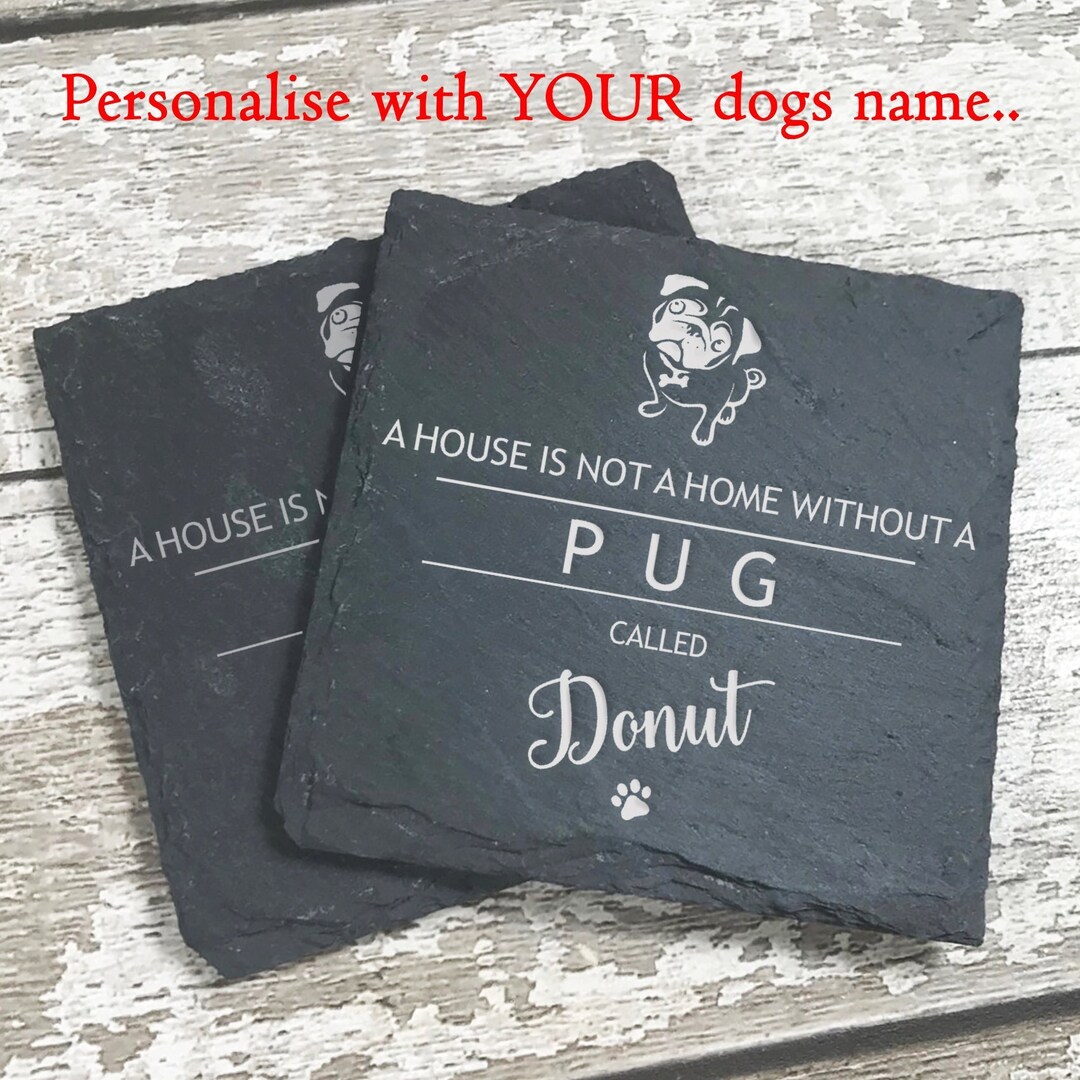 Pug Dog Coaster, Personalised Dog Slate Coaster, Pug Lover Print Gift ...