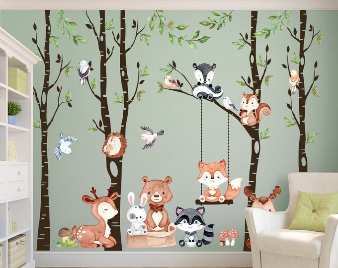 Peel & Stick 12 Woodland Animals Wall Decals Baby Bedroom Nursery Décor ...