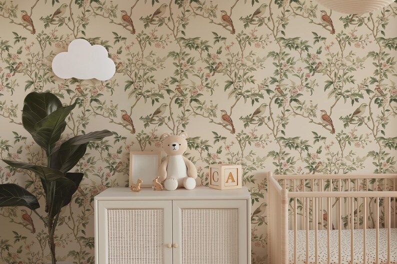 Nursery Wallpaper, Chinoiserie Wallpaper, Bird Wallpaper, Whimsical ...