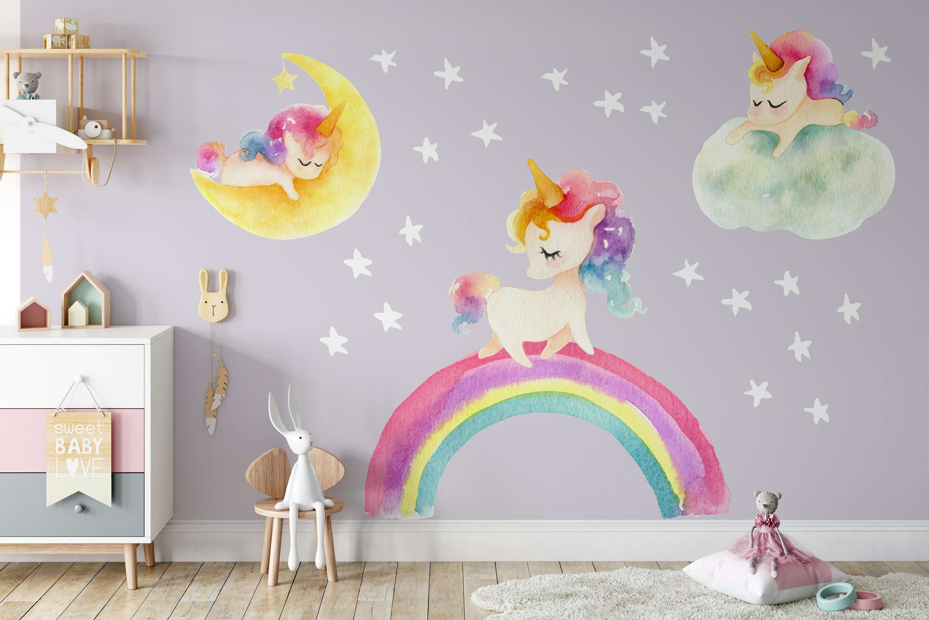BABY UNICORN Wall Decal | Rainbow and Stars Nursery Decor, Wall Art ...