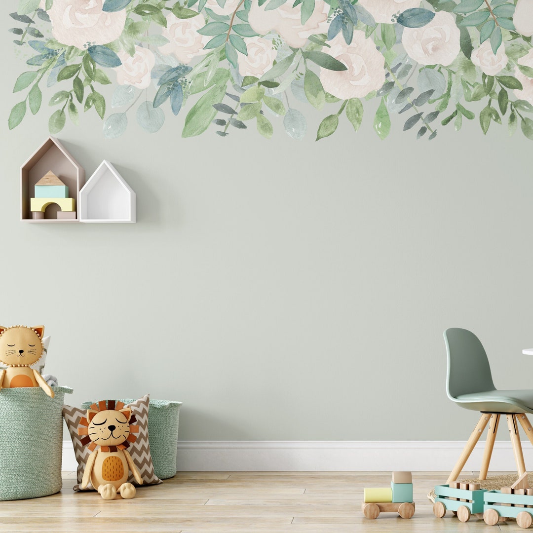 MABEL Greenery Wall Decals Nursery Décor White ROSES Flowers Blooms ...