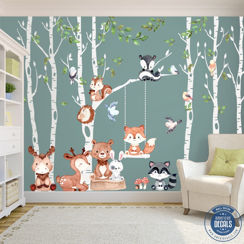 Peel & Stick FABRIC Woodland Neutral Nursery Décor 6 Birch Trees Forest ...