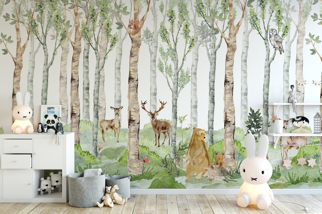 Removable PREPASTED WALLPAPER WESTON Seamless Pine Tree Boy Nursery ...