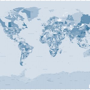 Removable Wallpaper WORLD ATLAS Blue Political MAP Mural Peel and Stick ...