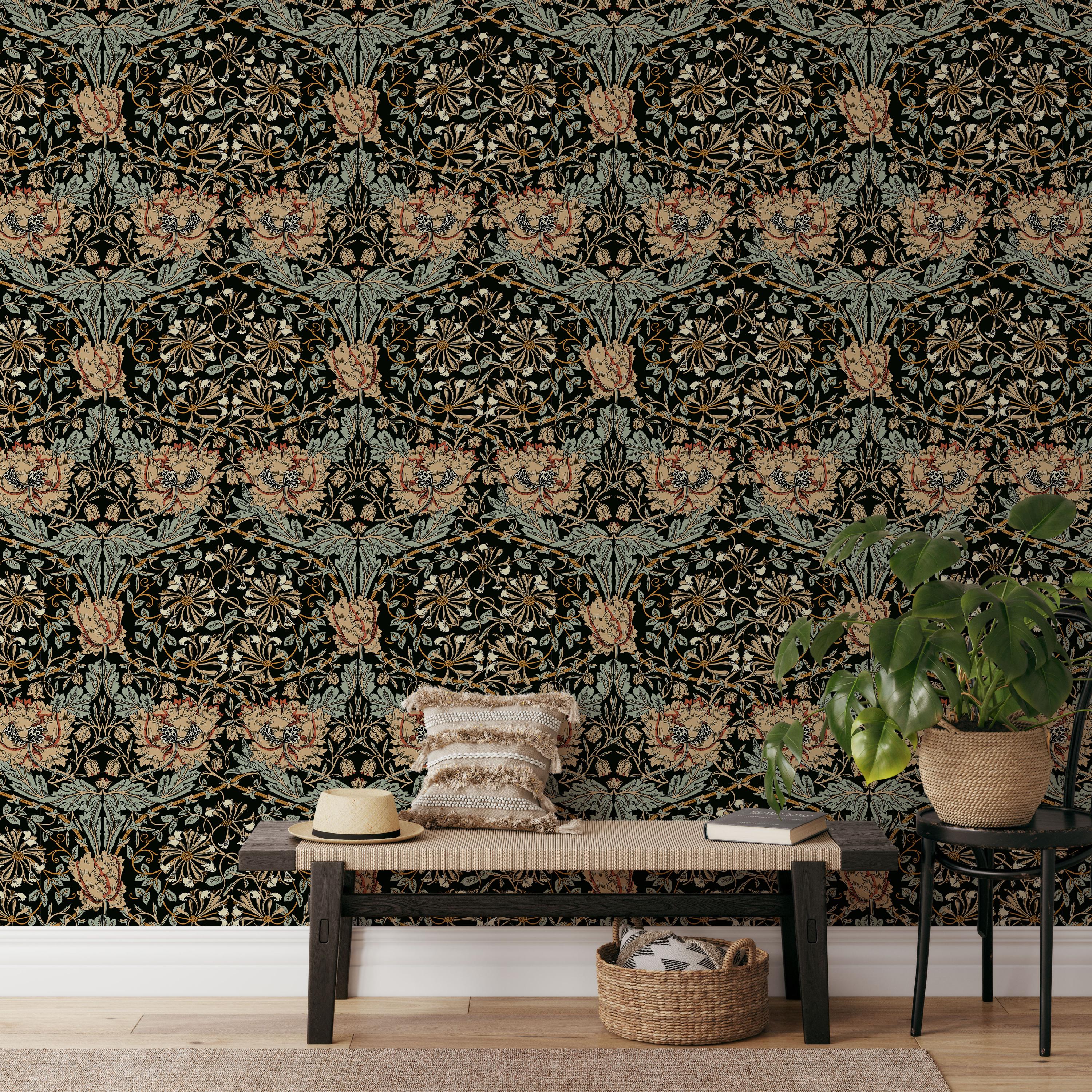 Removable Dark WALLPAPER Peel & Stick Fabric CATALINA Flowers and ...