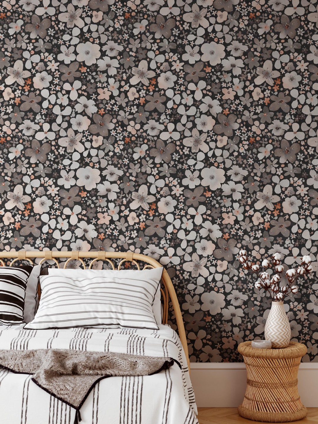 Peel & Stick WALLPAPER SKYLAR Watercolor Flowers Farmhouse Country ...