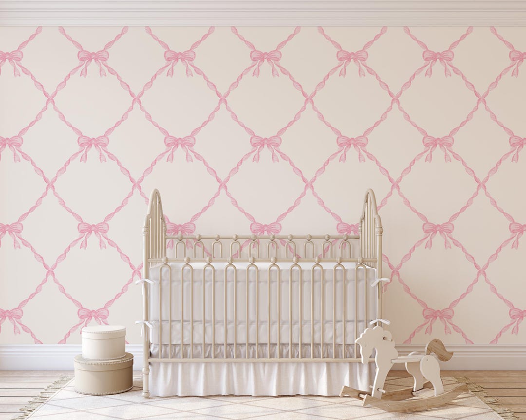 Removable Wallpaper, Pink Nursery, Pink Bow Trellis Wallpaper, Peel ...