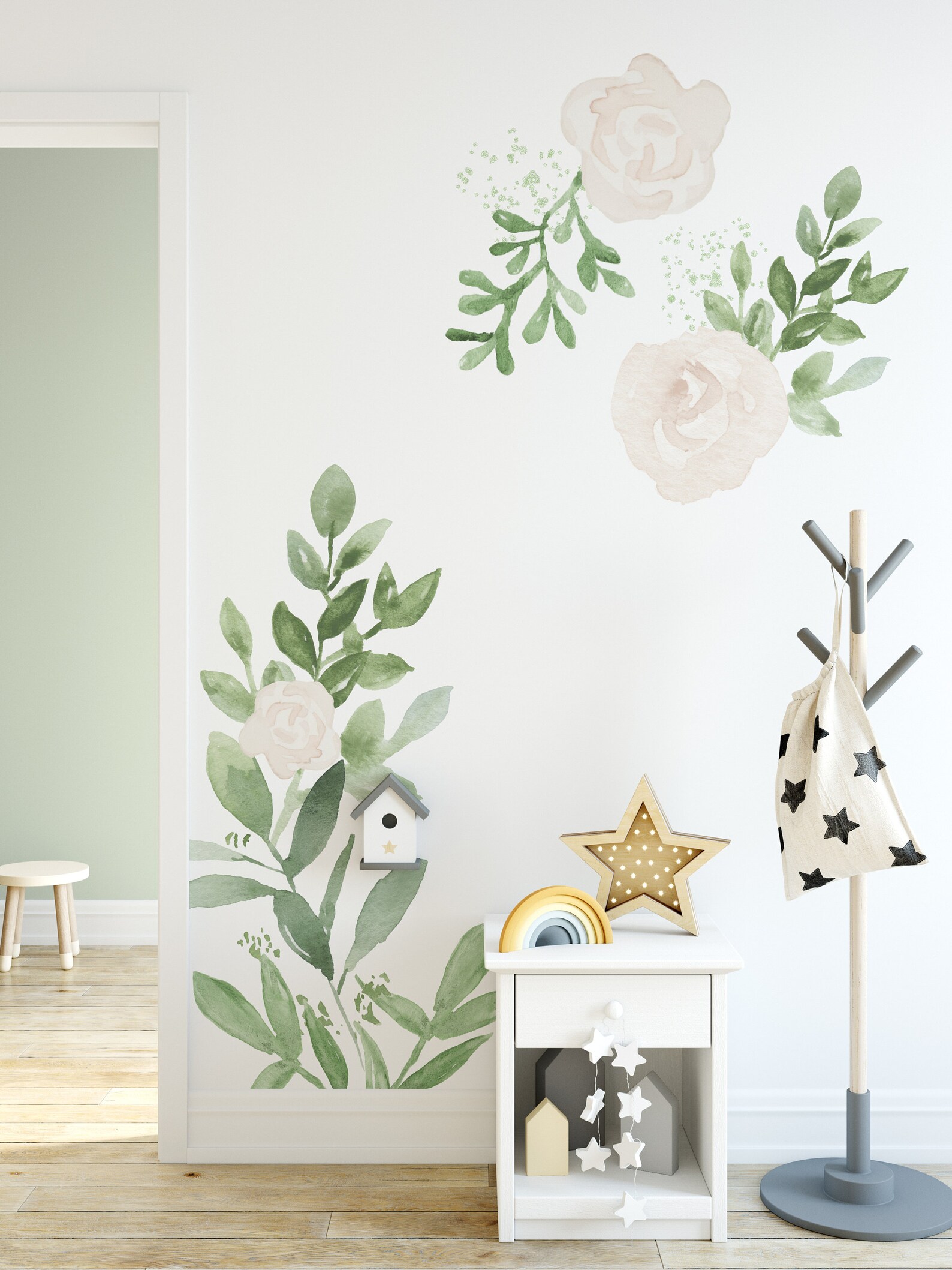 Samples CAROLINE ROSES Watercolor Greenery White Roses Flower Decals ...