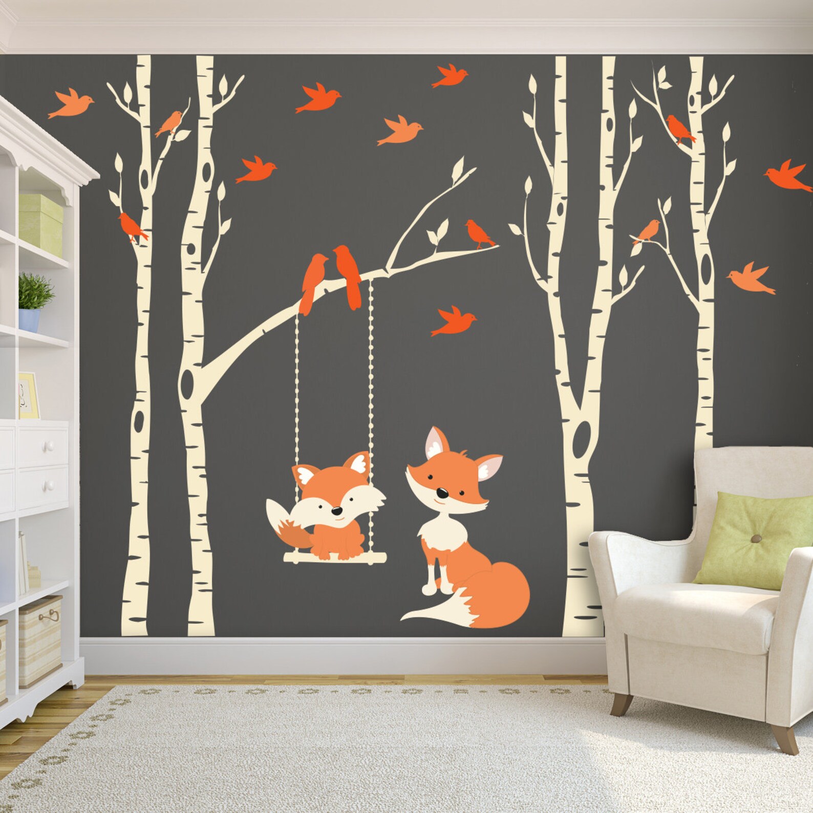 Woodland NURSERY FOX Forest Trees Wall Decal 4 Birch Trees | Etsy