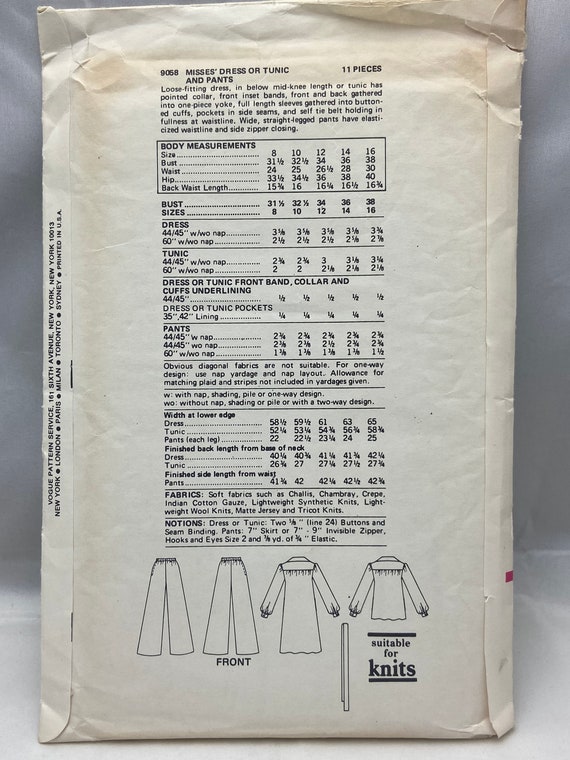Sewing Kits & How To Craft Supplies & Tools Tunic Vogue 9058-70s Dress ...