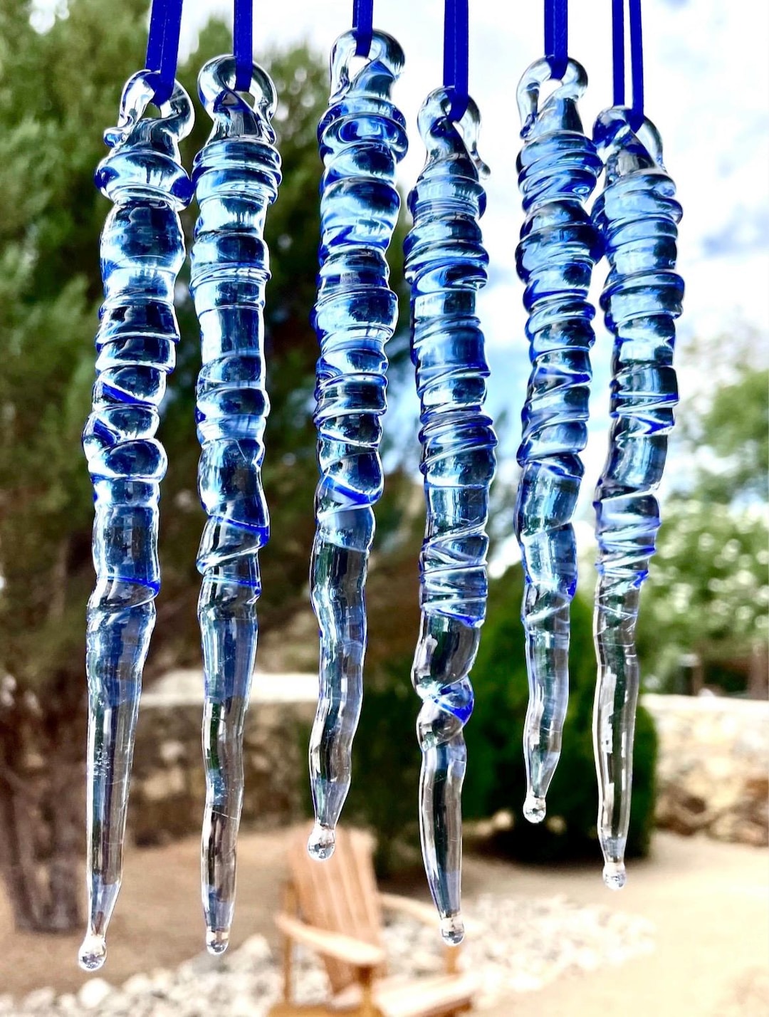 Glass Icicles, 6" Blue Glass Handmade Christmas Ornaments, Holiday ...