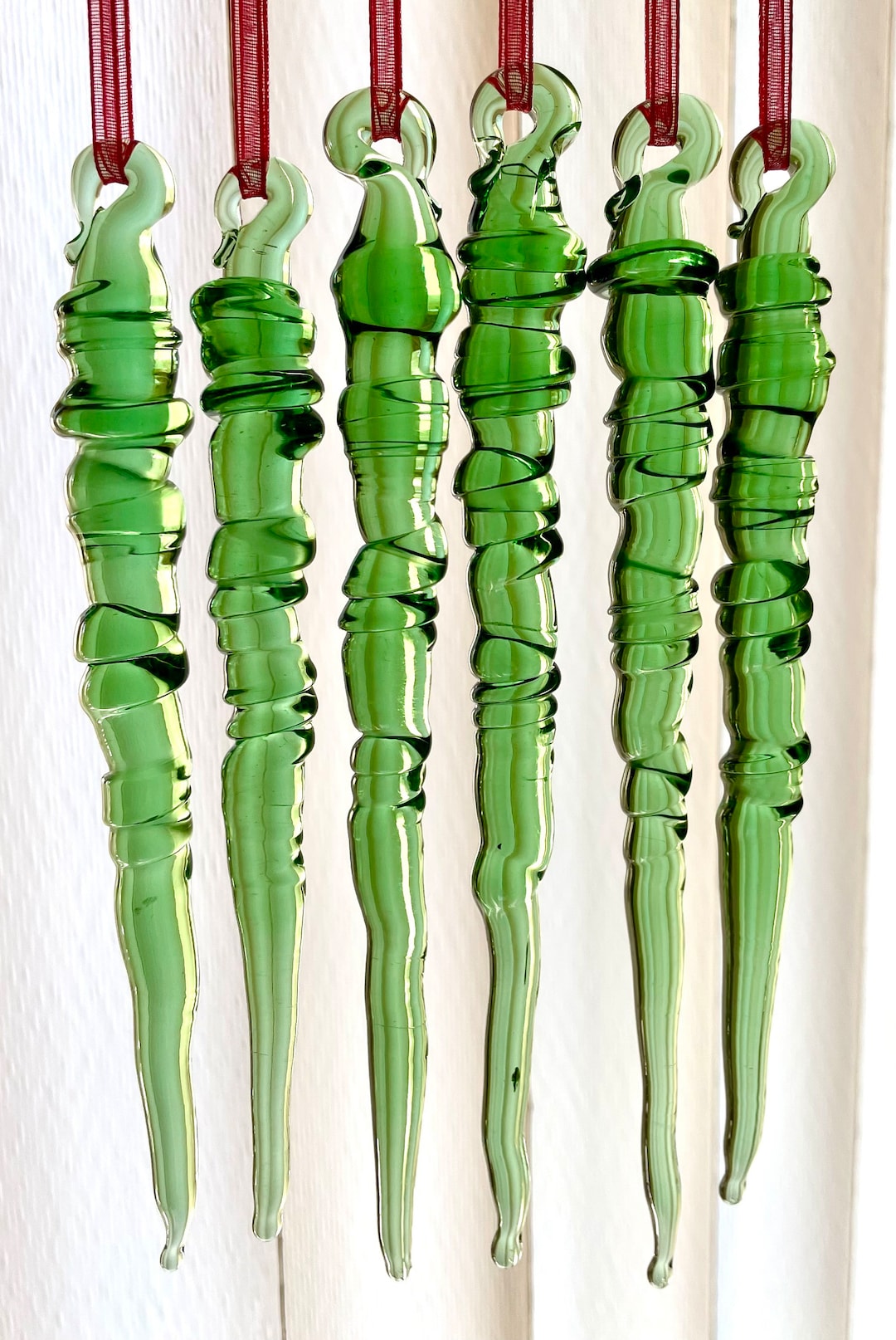 Holiday Icicles 1 to 6 - Green Glass Handmade Ornaments, 6” Icicles ...