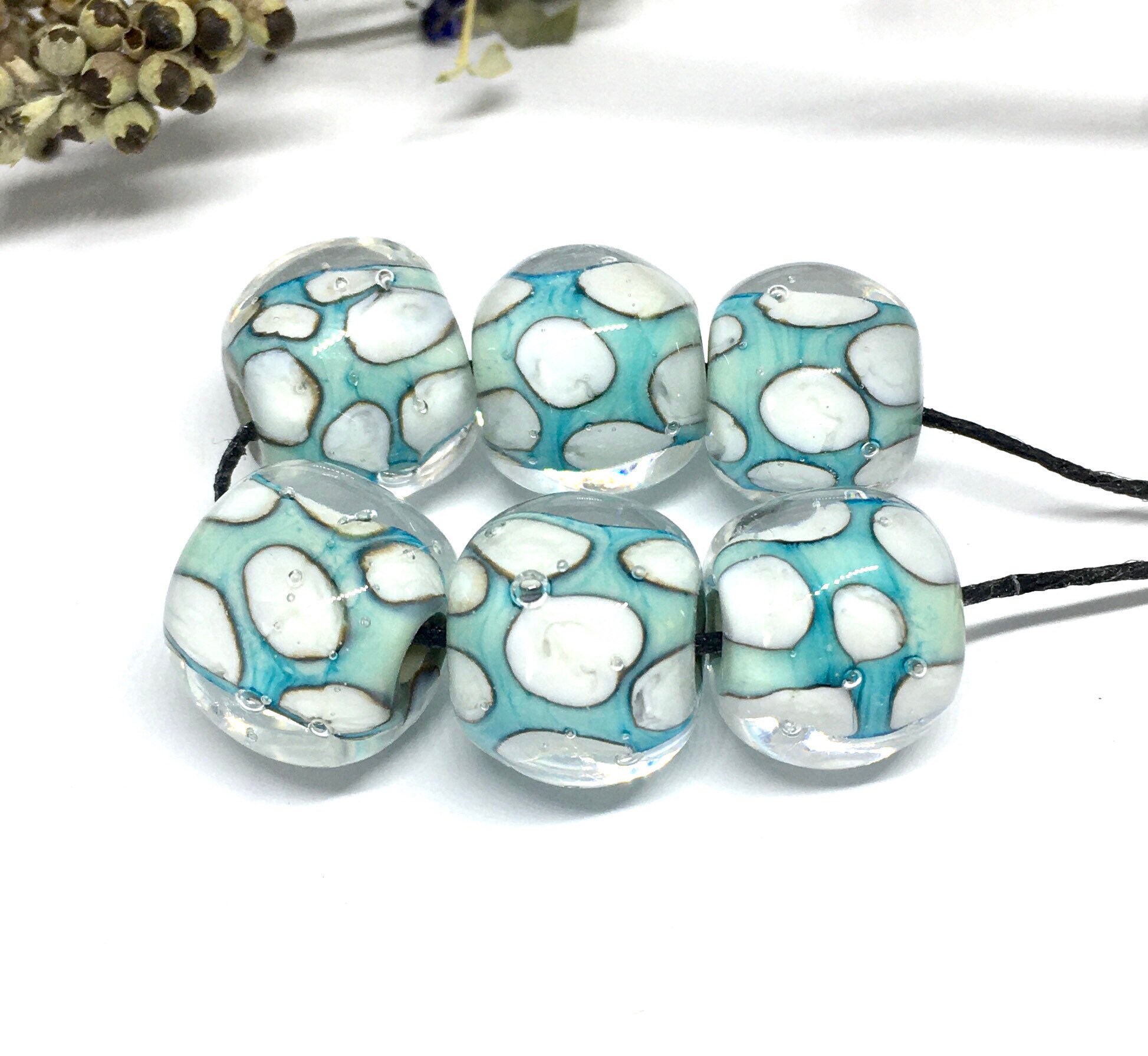 Lampwork Glass Set of 6 Ivory Green Encased Dotted Glass | Etsy