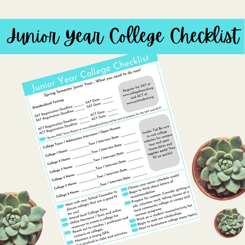 Junior Year College Admissions Planner Checklist Worksheet for Spring ...