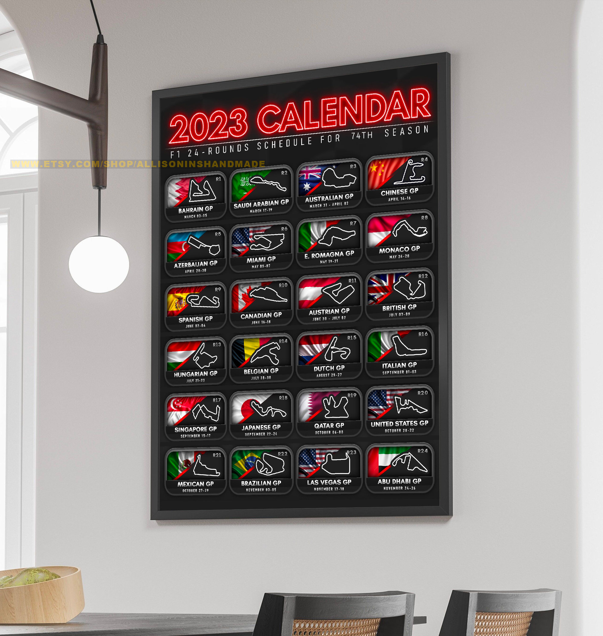 F1 2023 Season Calendar Poster, Formula 1 2023 74th Season Race Track ...