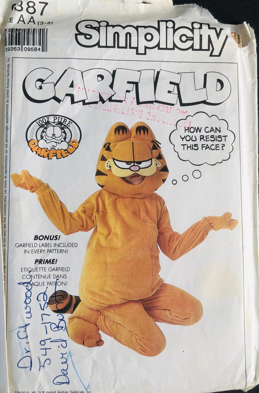 Vintage UNCUT Simplicity 9387 Garfield Costume Sewing Pattern Tamanho 3 ...