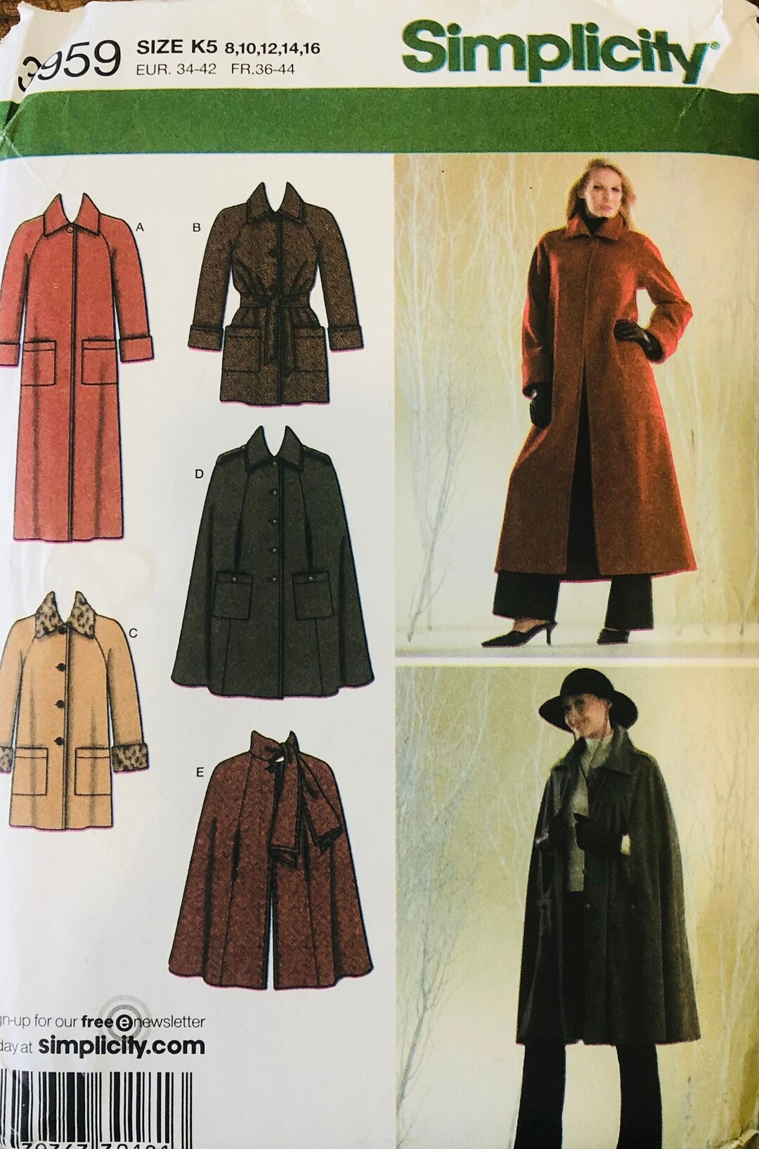 Simplicity 3959 Sewing Pattern Woman's Long Coat Car Coat Cape or Capelet Pattern Uncut Size 8 ...