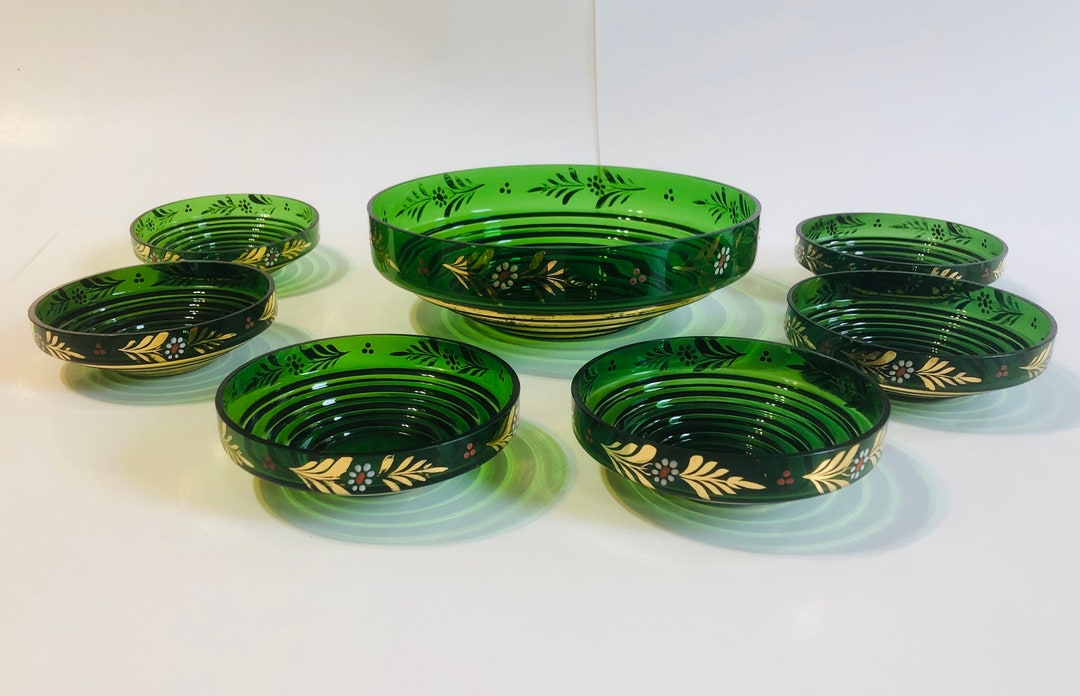 Vintage Bohemia Emerald Green Glass Bowl With Matching Dessert Bowls ...