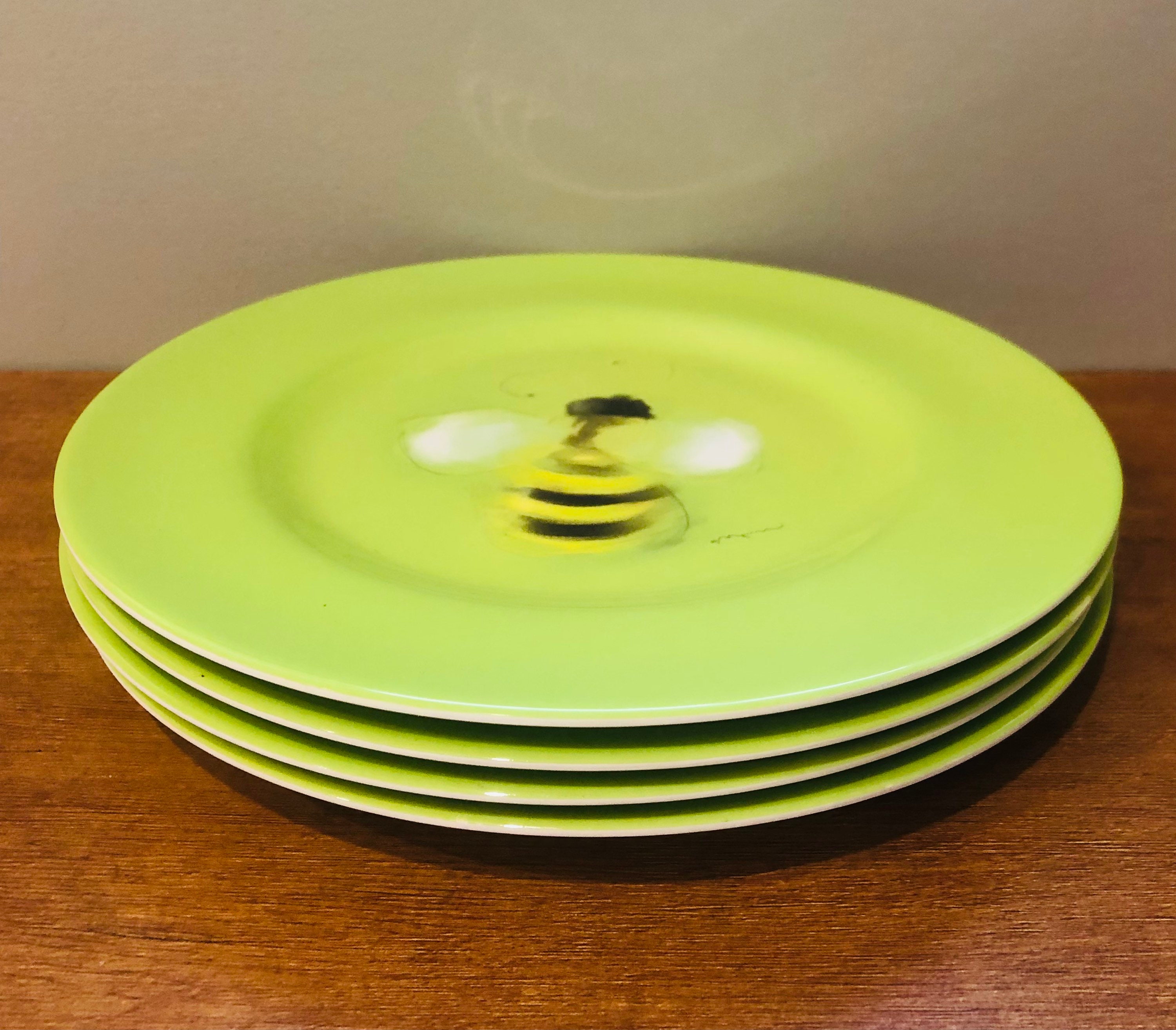 Set of 4 Bright Green With Bumblebee Precidio Melamine Plates 8 1/2 ...