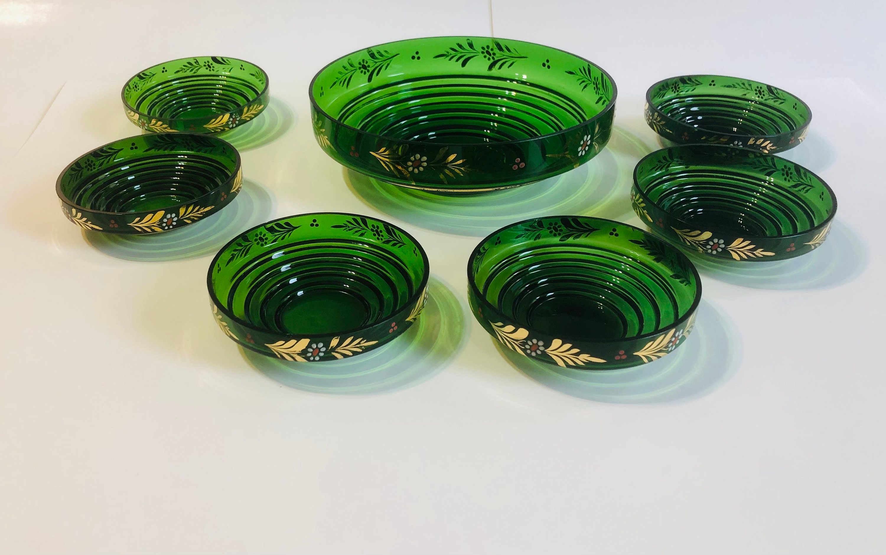Vintage Bohemia Emerald Green Glass Bowl With Matching Dessert Bowls ...