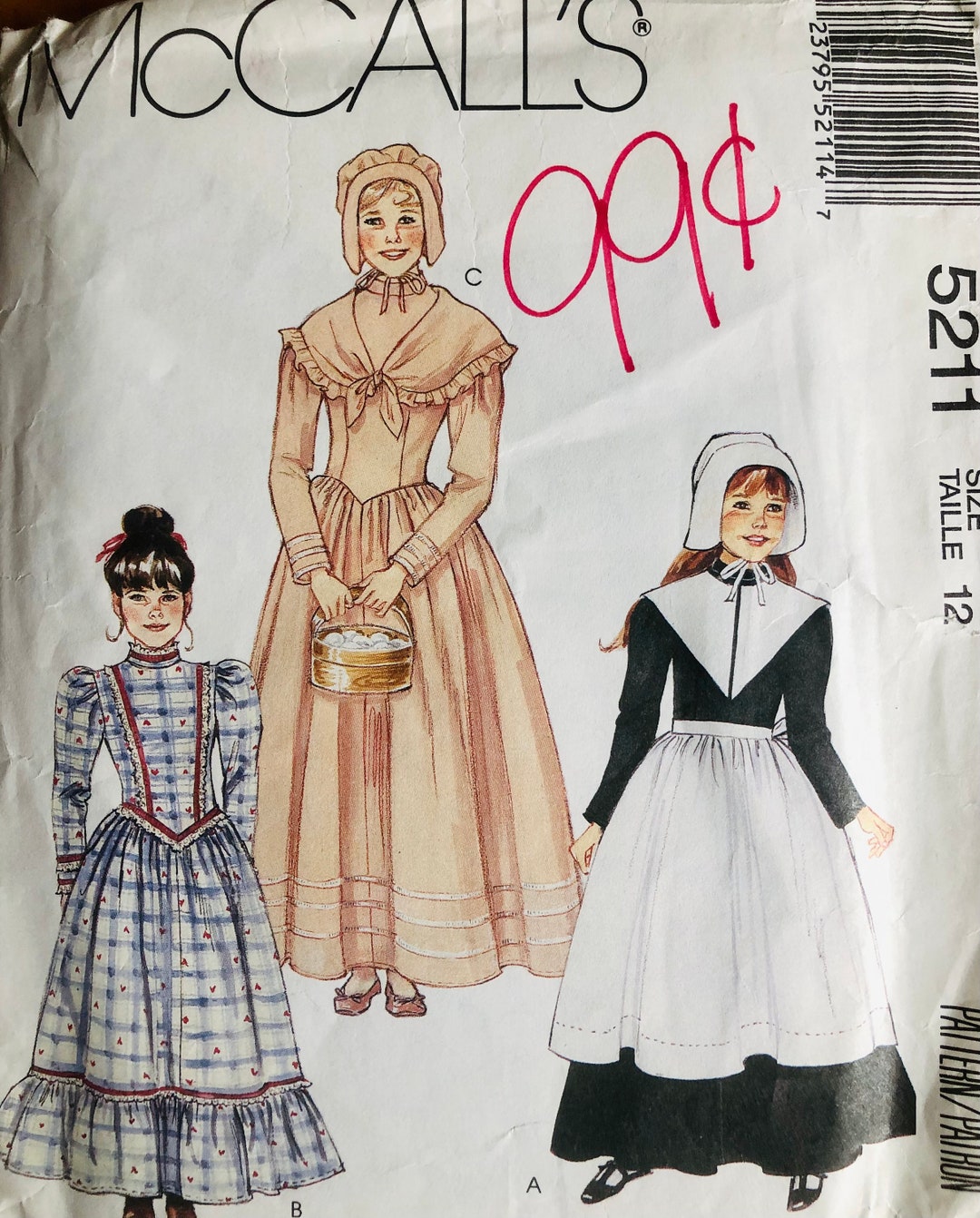 Pilgrim Pioneer Quaker Costume Long Dress Apron Hat Bonnet Sewing ...