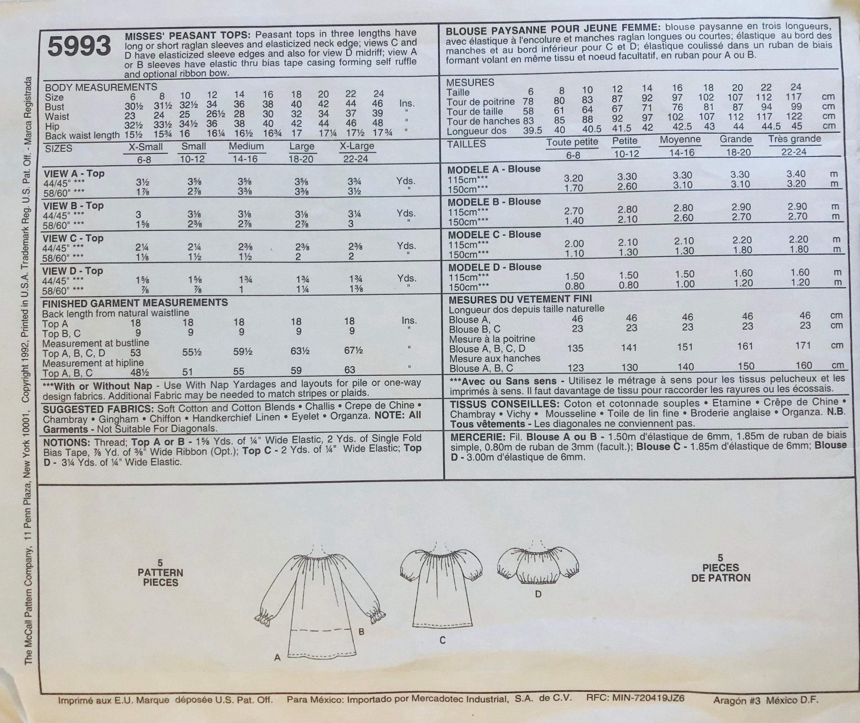 Off Shoulder Peasant Tops Sewing Pattern Mccalls 5993 Three - Etsy