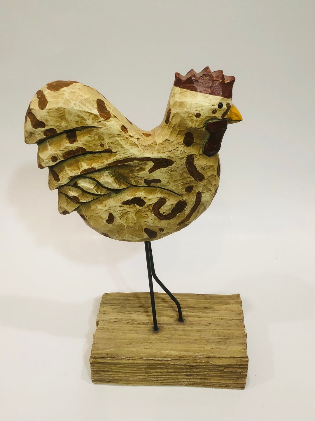Wood Look Resin Hen Chicken Rooster on Wood Like Base Folk Art 14" Tall ...