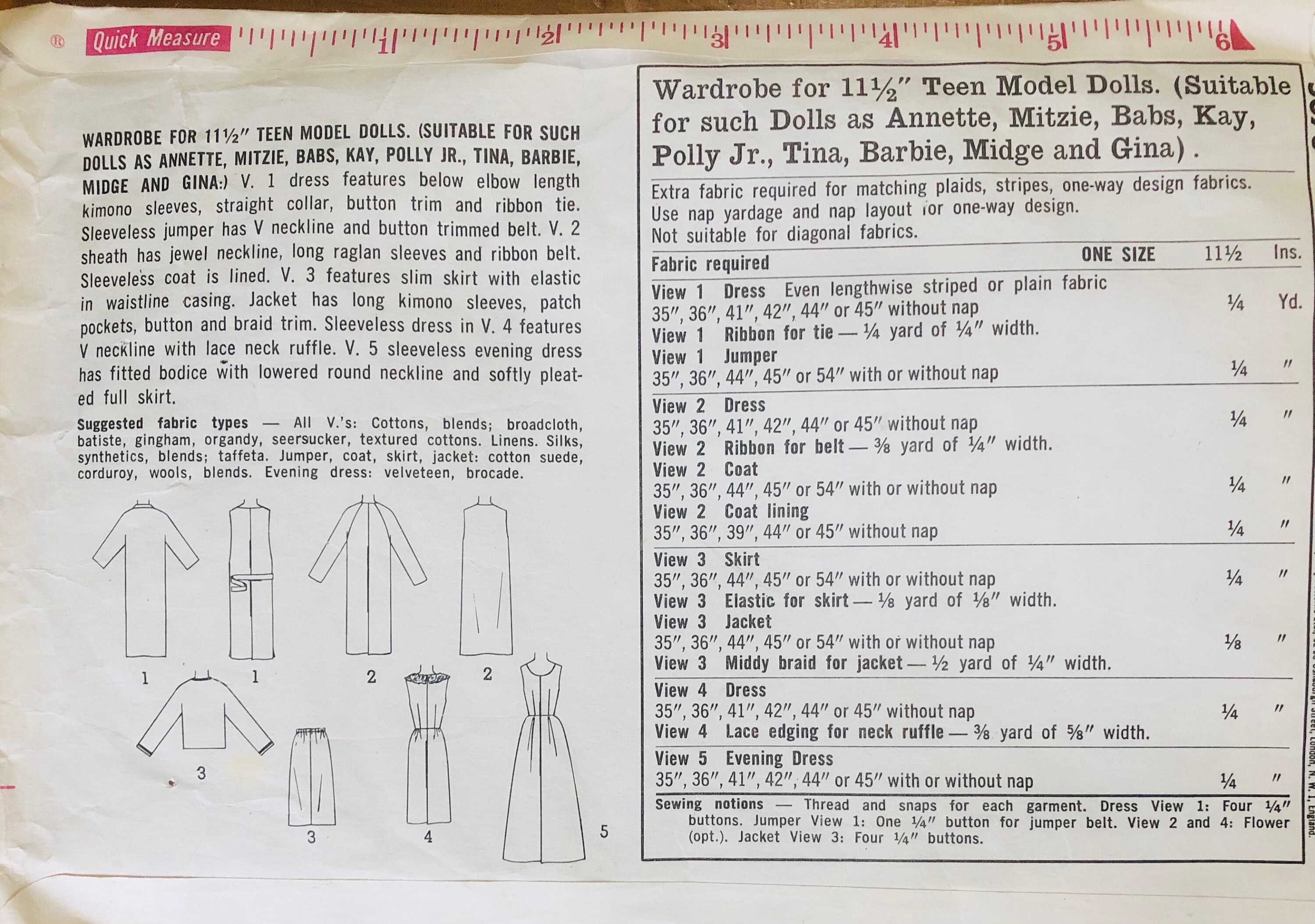 Vintage 1960s Barbie Midge Doll Clothes Pattern Simplicity Sewing ...