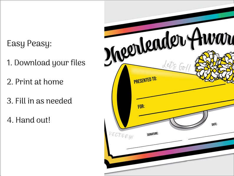 Cheerleading Award Certificate Printable, Yellow Cheer Certificate ...