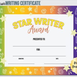 Writing Certificate Printable Template, Star Writer Award of ...